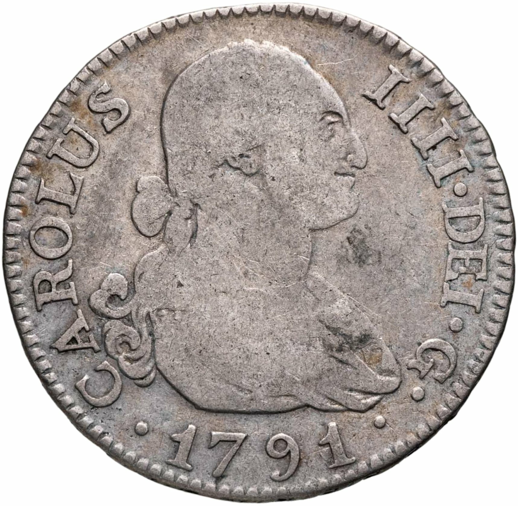 Испания 2 реала 1791 Король Карл IV, Серебро 812, в сохранности F-VF