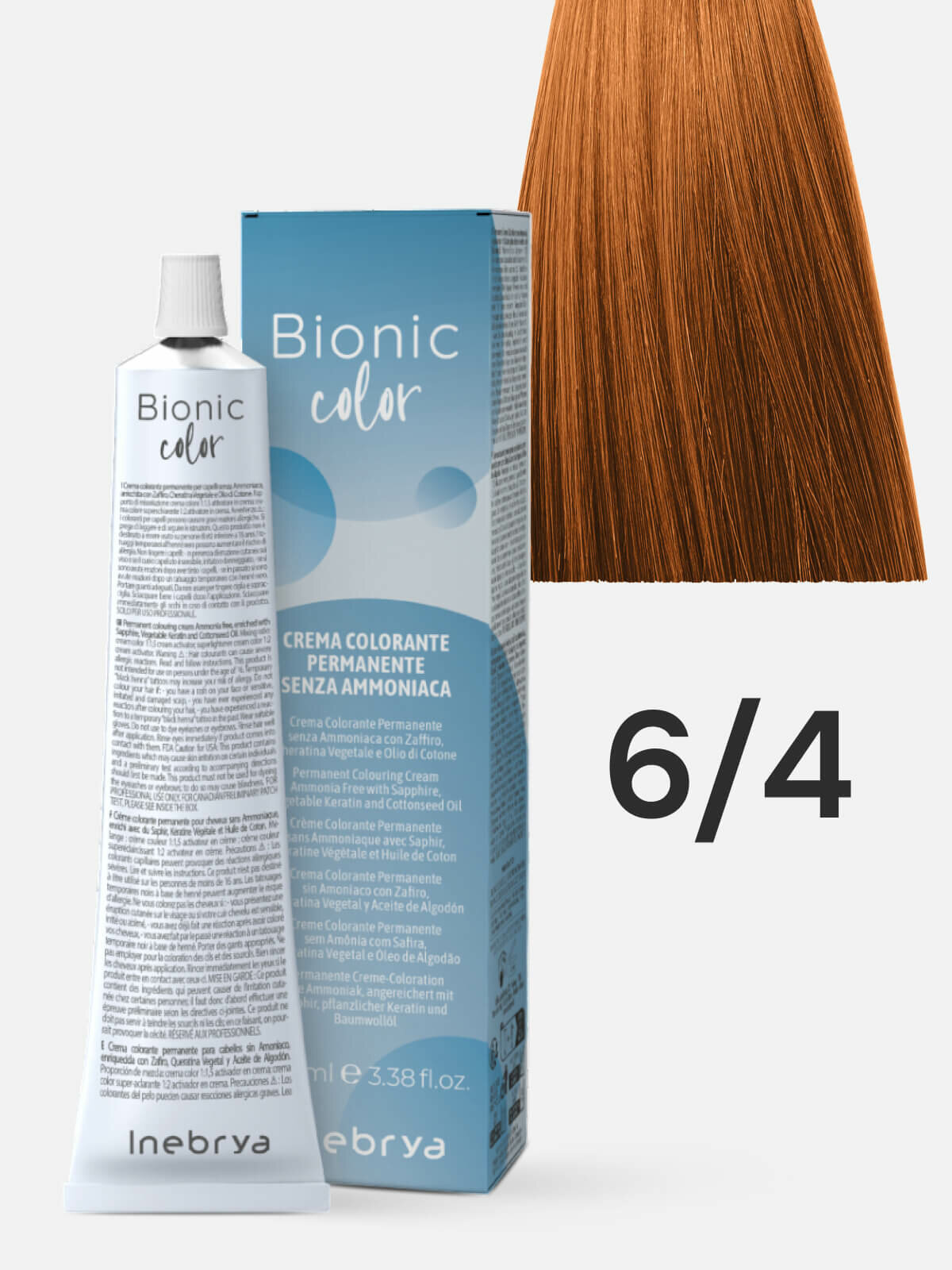 Крем - краска для волос профессиональная без аммиака Inebrya Bionic Color 6/4 Темный русый Медный, 100 мл