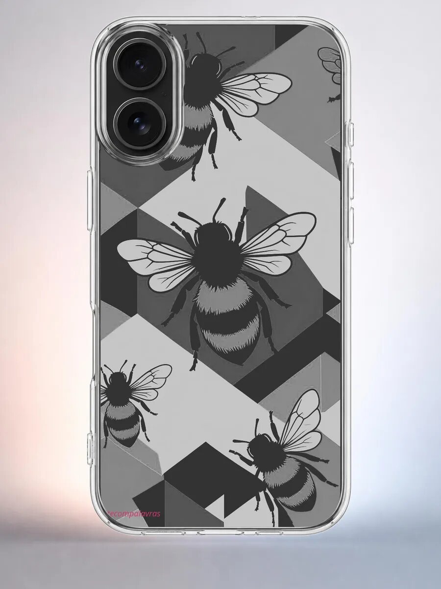 Чехол iPhone 16 пчёлы узор силиконовый прозрачный