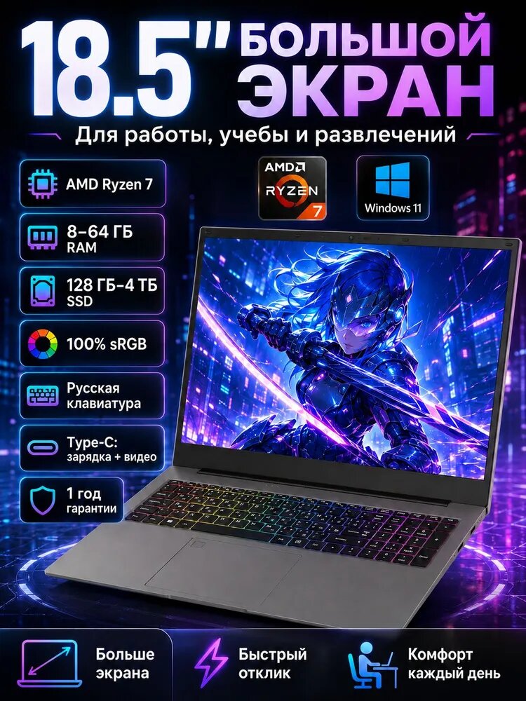 Vicyoung 18.5" Full HD IPS, AMD Ryzen 7, 16 ГБ ОЗУ, 1024 ГБ SSD, Wi‑Fi 6, сканер отпечатков, Ноутбук 18.5", AMD Ryzen 7 2700U, RAM 16 ГБ, SSD 1024 ГБ, AMD Radeon Vega 10, Windows Pro, темно-серый, Русская раскладка