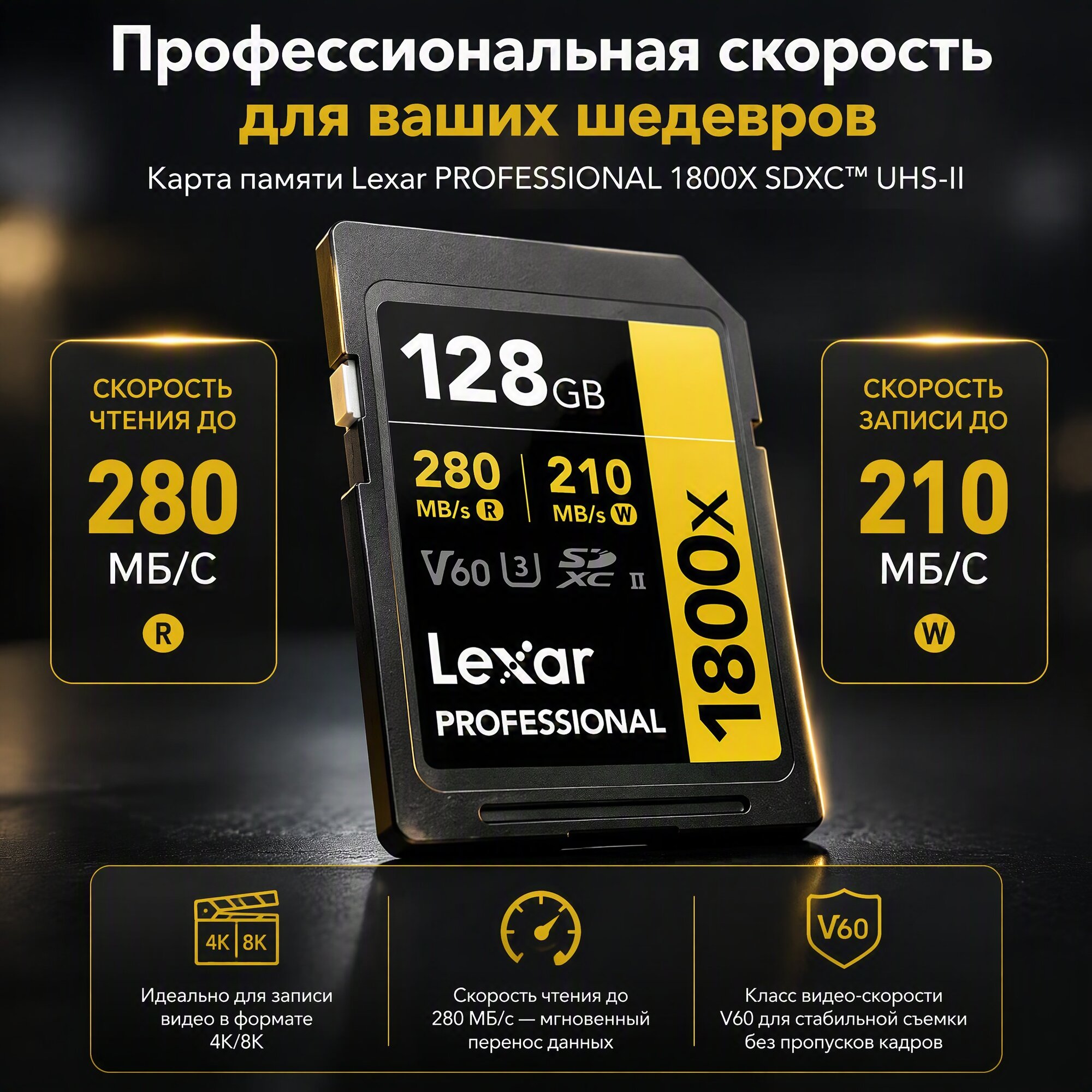 Карта памяти SD Lexar Professional 1800X SDXC UHS-II V60, скорость чтения 280 МБ/с, для фотоаппаратов 4K,128ГБ