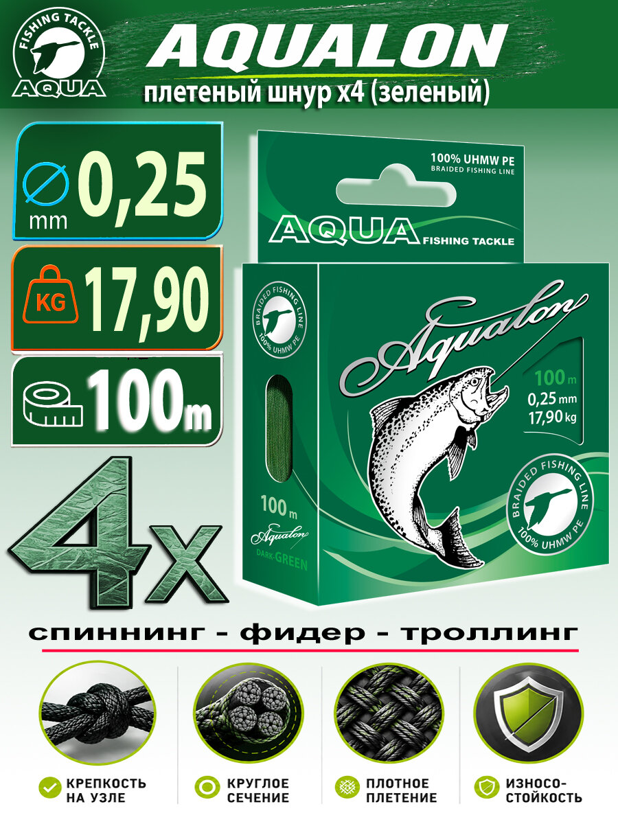 Плетеный шнур для рыбалки AQUA Aqualon 100m 0.25mm 17.9kg темно-зеленый