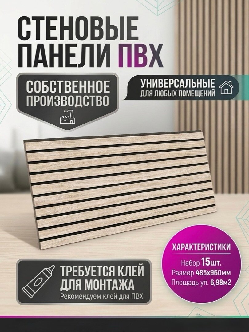 Декоративные стеновые рейки панели Пластмаркет, ПВХ, влагостойкие, Дуб сонома, 96x48 см, 15 шт