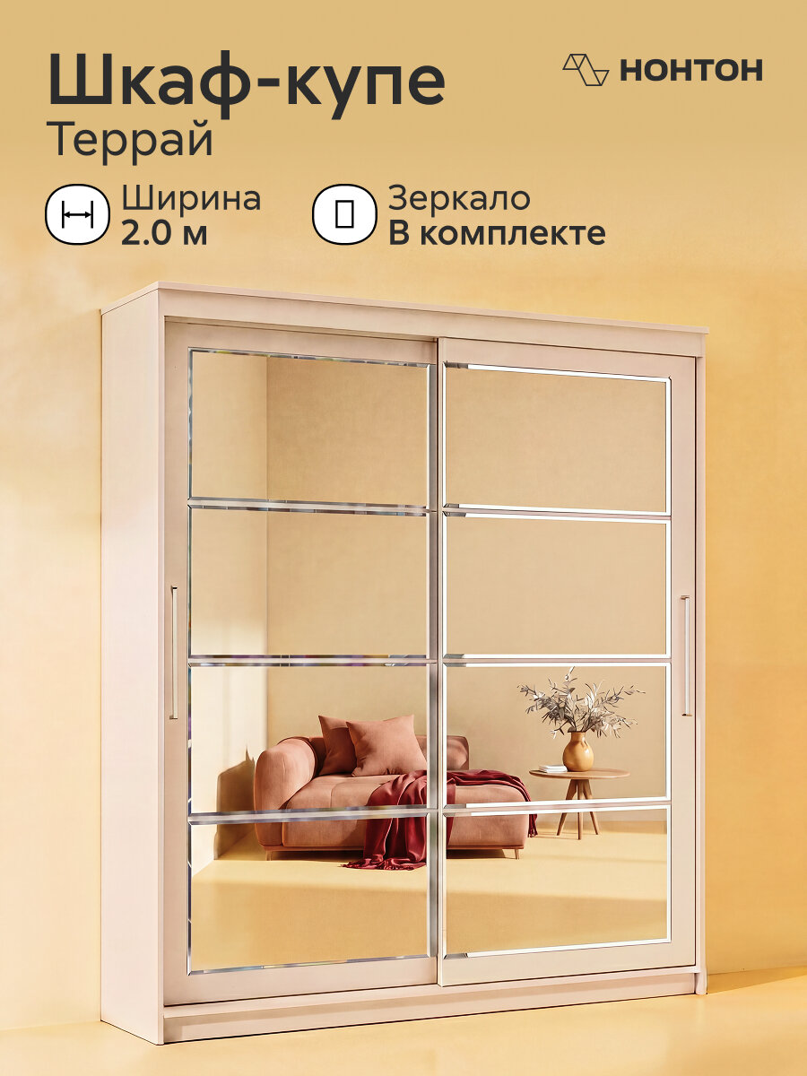 Шкаф-купе с зеркалом Террай, Ш:200.1 * Г:60 * В:220, с ящиками (меланж)