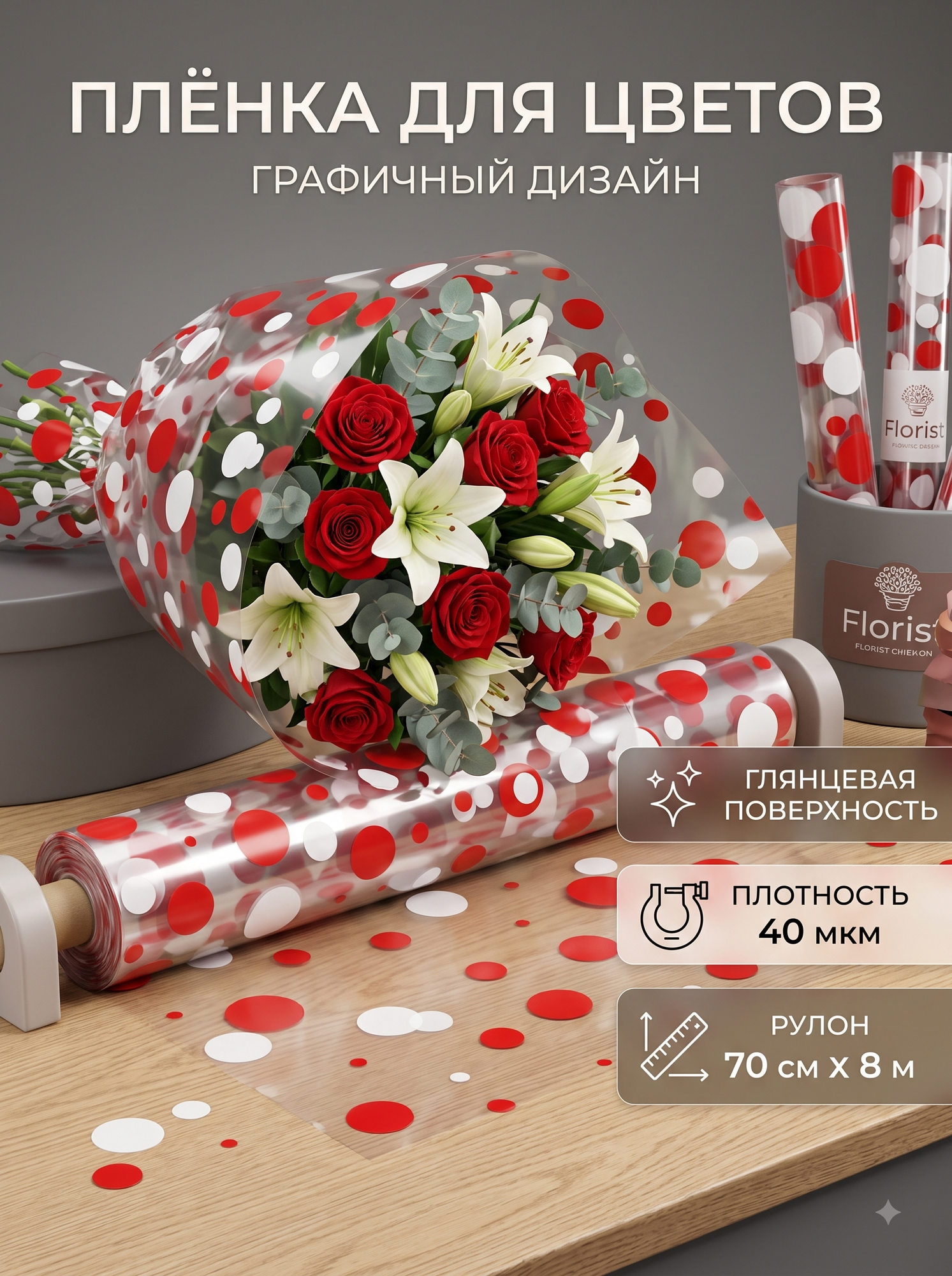 Пленка упаковочная для цветов "Конфетти" красный+белый 0,7 х 8.2 м, 40мкм