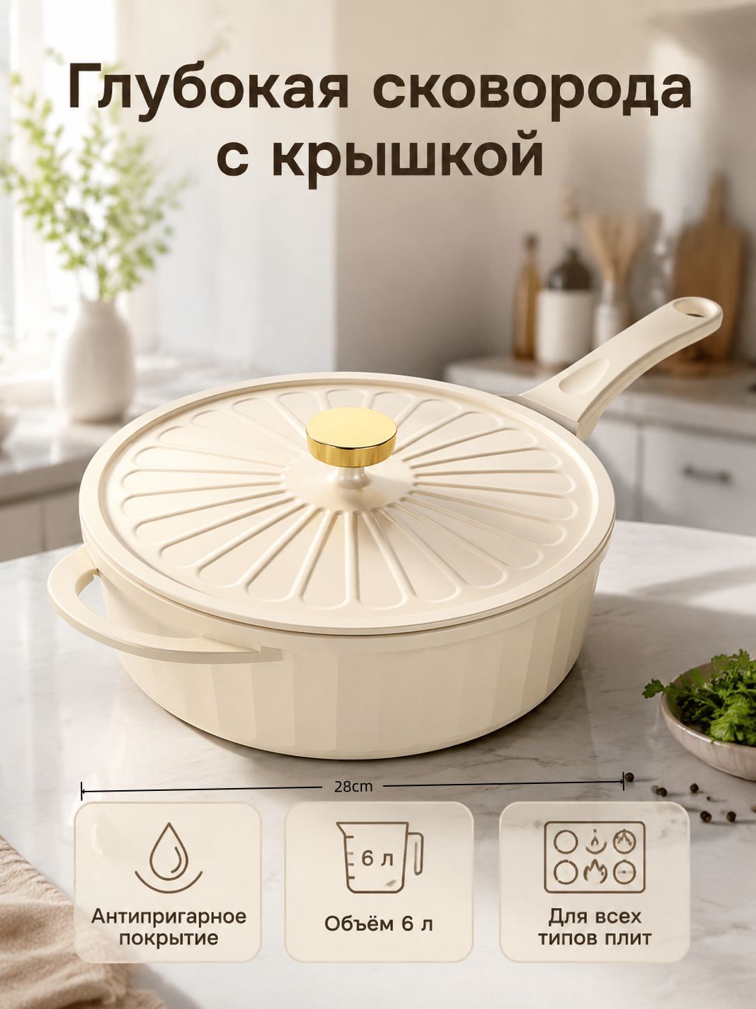 Сковорода глубокая 28 см с алюминиевой крышкой, белая, мраморное покрытие, для всех плит