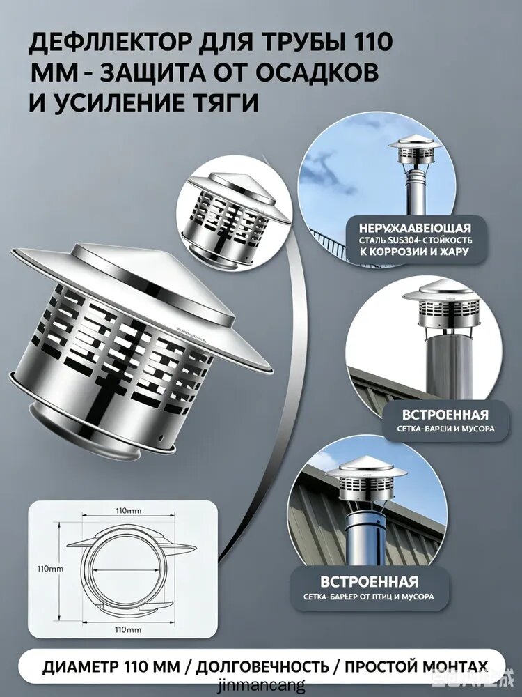 Колпак для дымохода и вентиляции, нержавеющая сталь 110мм - зонт-дефлектор с защитной сеткой от птиц и осадков, оголовок на фановую трубу вытяжки