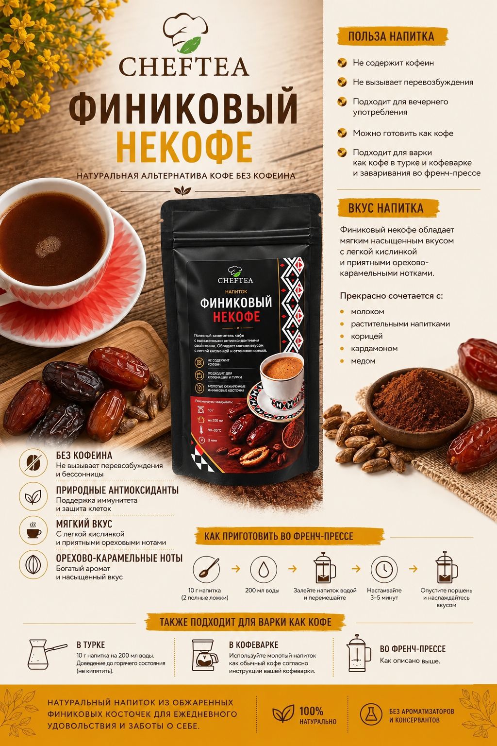 Финиковый кофе молотый, 150 г без кофеина