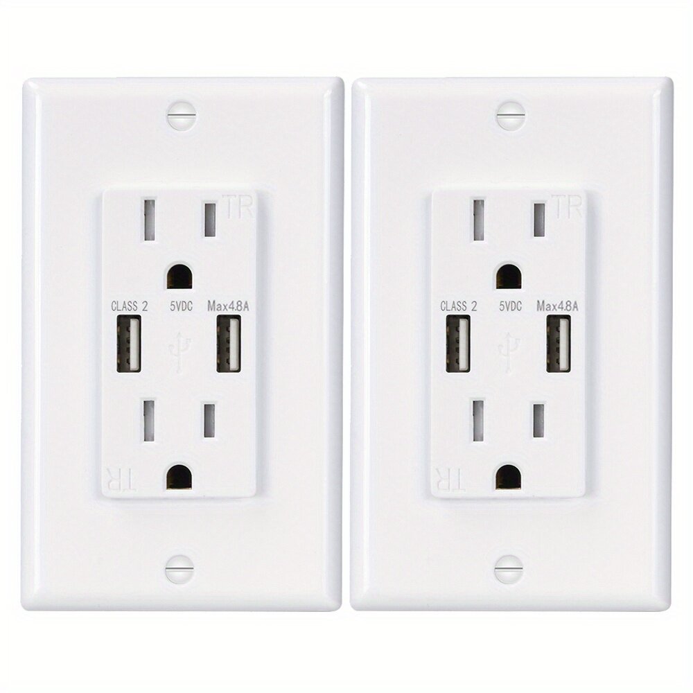 Розетка настенная электрическая с двумя USB-портами (5 В, 4,8 А), на 15 А, с защитой от перегрузки, комплект из 2 шт, белый