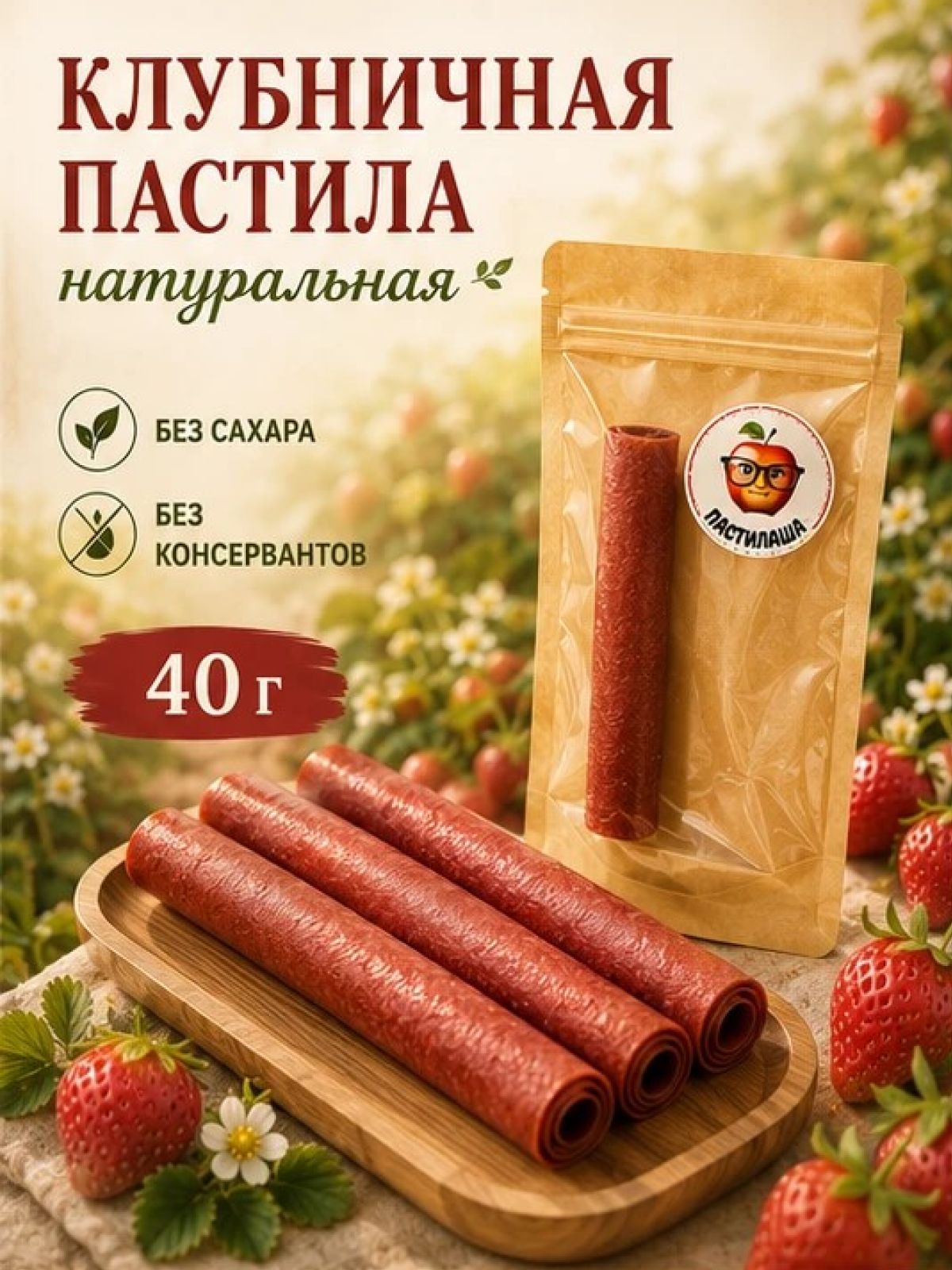 Пастила клубника натуральная 40 гр, фруктовая, ягодная
