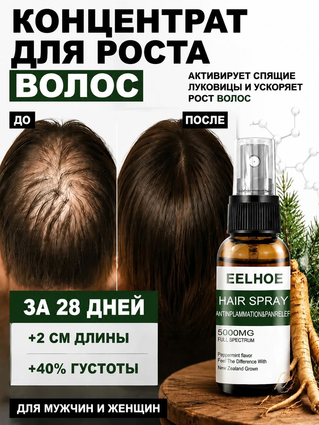 Спрей сыворотка для уплотнения редких волос, восстановление корней, улучшение кровообращения кожи головы, усиление роста новых прядей 50 мл
