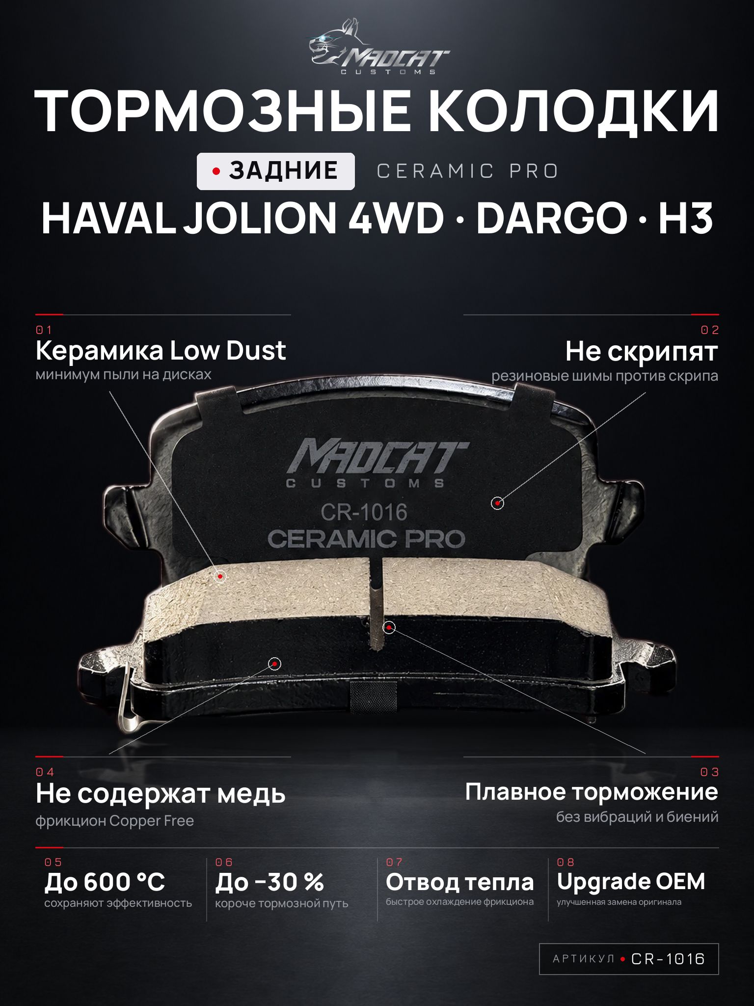 Колодки тормозные задние MADCAT CUSTOMS CR-1016 Haval Jolion 4WD, Dargo, H3