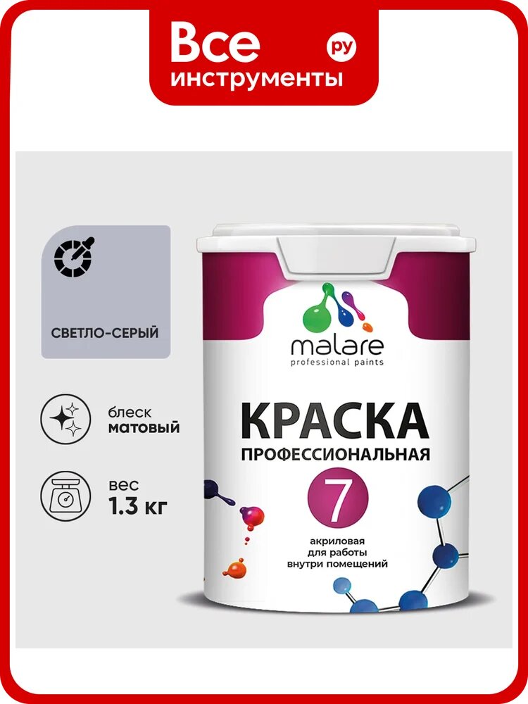 Краска для стен, потолков и обоев MALARE Евро 7, светло-серый, 1,3 кг 2021723332009 КЕВРО7СВСМ0130