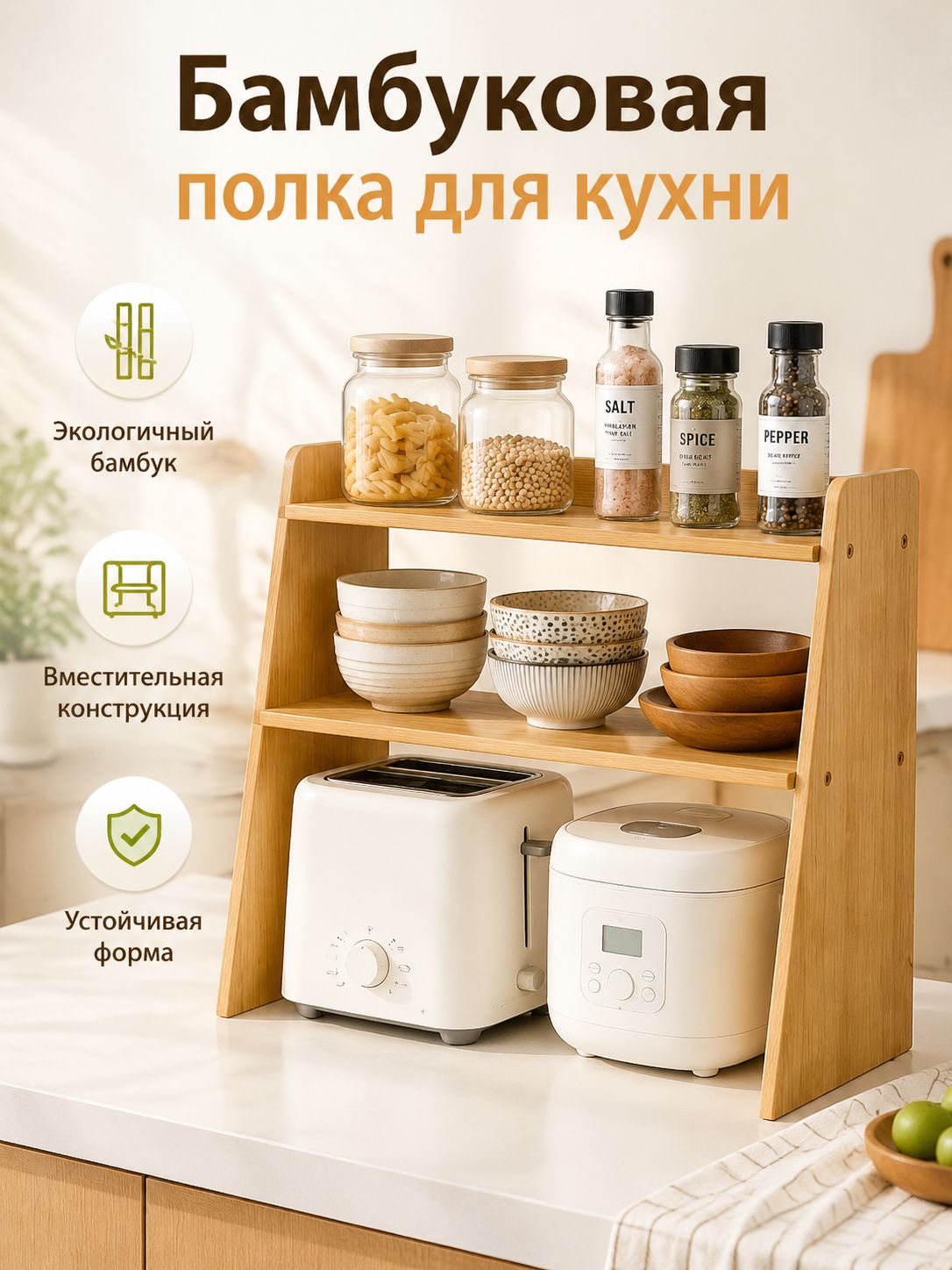 Кухонная полка из бамбука, натуральный цвет, 51x19x39 см настольный органайзер для техники