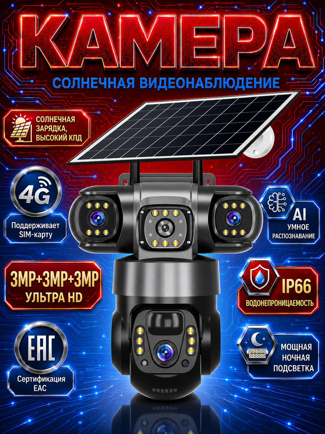 Камера на солнечной батарее 4G VTS28-G-F, 600MP 3-объектив, 360 поворот, AI детекция
