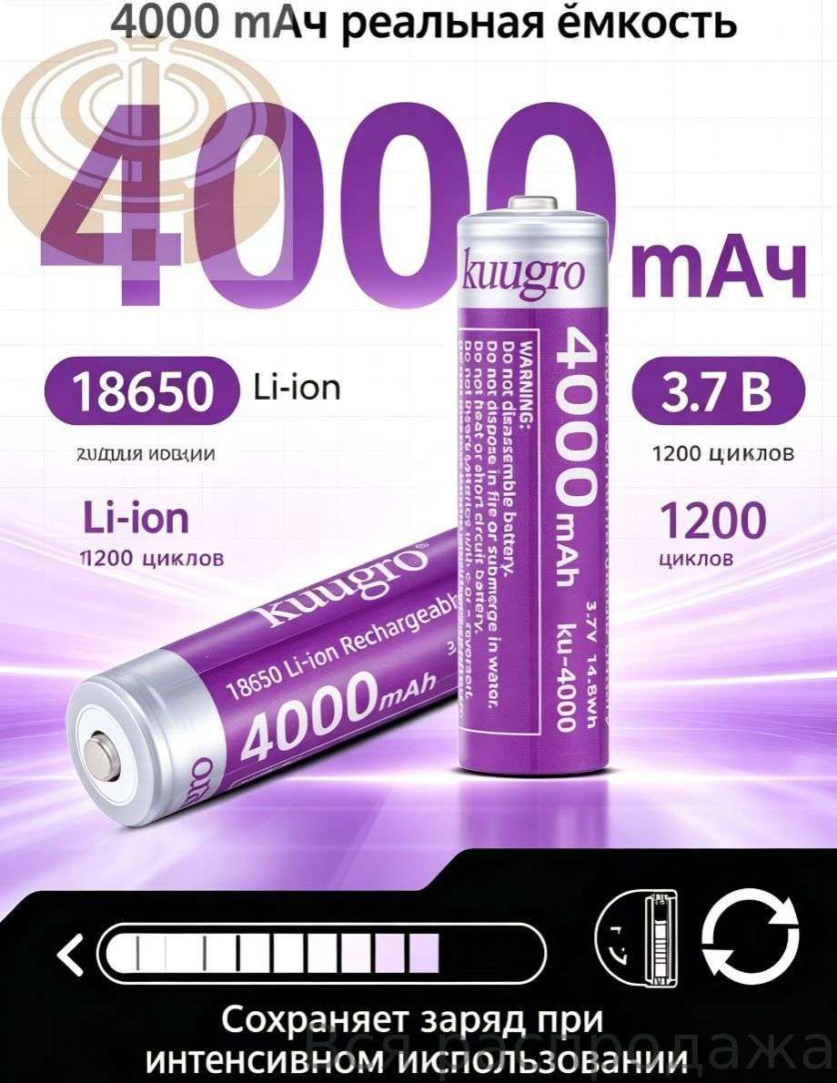 Аккумулятор 18650 kuugro 4000 мАч 3.7В Li-ion выпуклый наконечник, реальная емкость 14.8Wh, 1200 циклов зарядки для фонарика, головного фонаря, электровентилятора, шуруповерта, портативной колонки