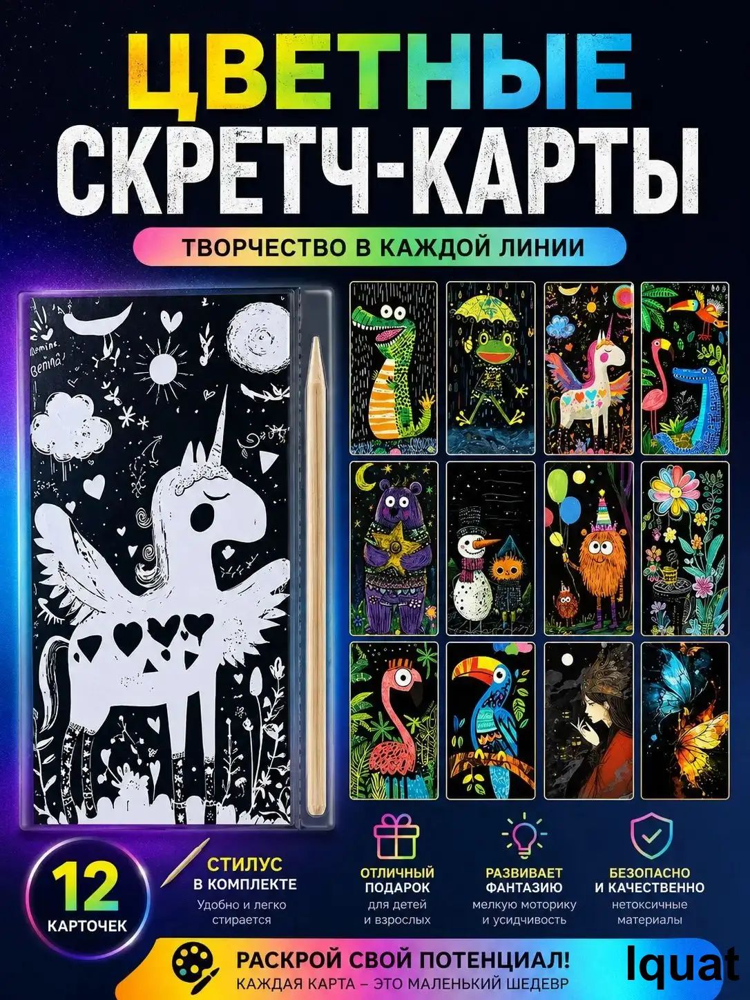 Длинные скретч-закладки с животными, блок скретч-рисунков 12 страниц