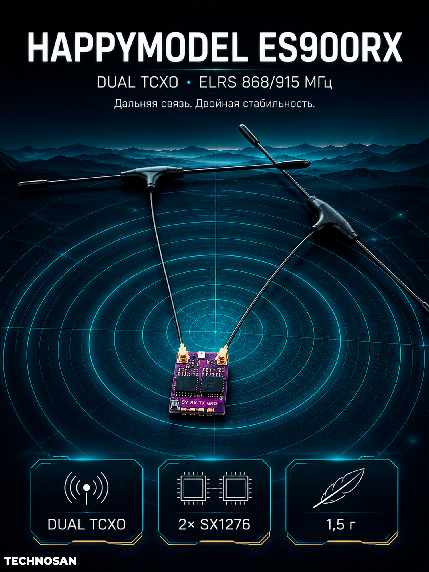 Приёмник Happymodel ES900RX Dual TCXO 915 MHz ELRS для квадрокоптера