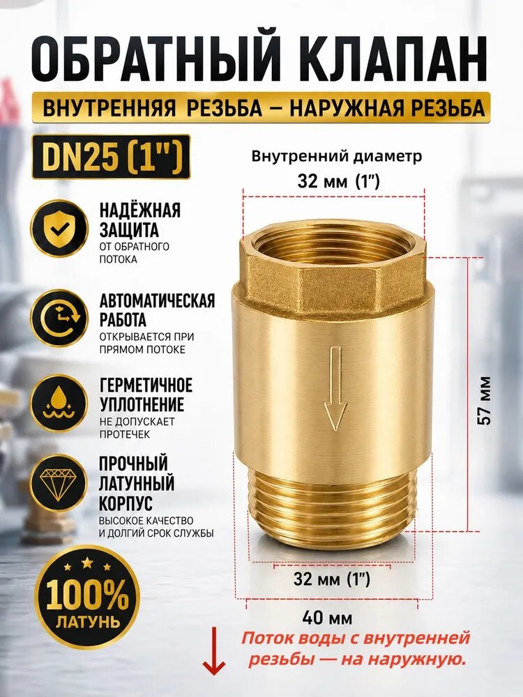 Обратный клапан 1 дюйм с внутренней и наружной резьбой, латунный корпус DN25, для трубопроводов, насосов и систем подачи воды, 57 мм