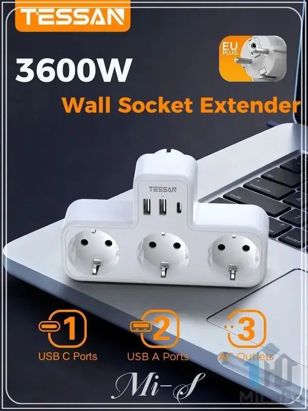 Многофункциональная настенная розетка TESSAN с 3 розетками, 1 USB-C-порта, USB-адаптер 6 в 1 с защитой от перегрузки для смартфона, планшета