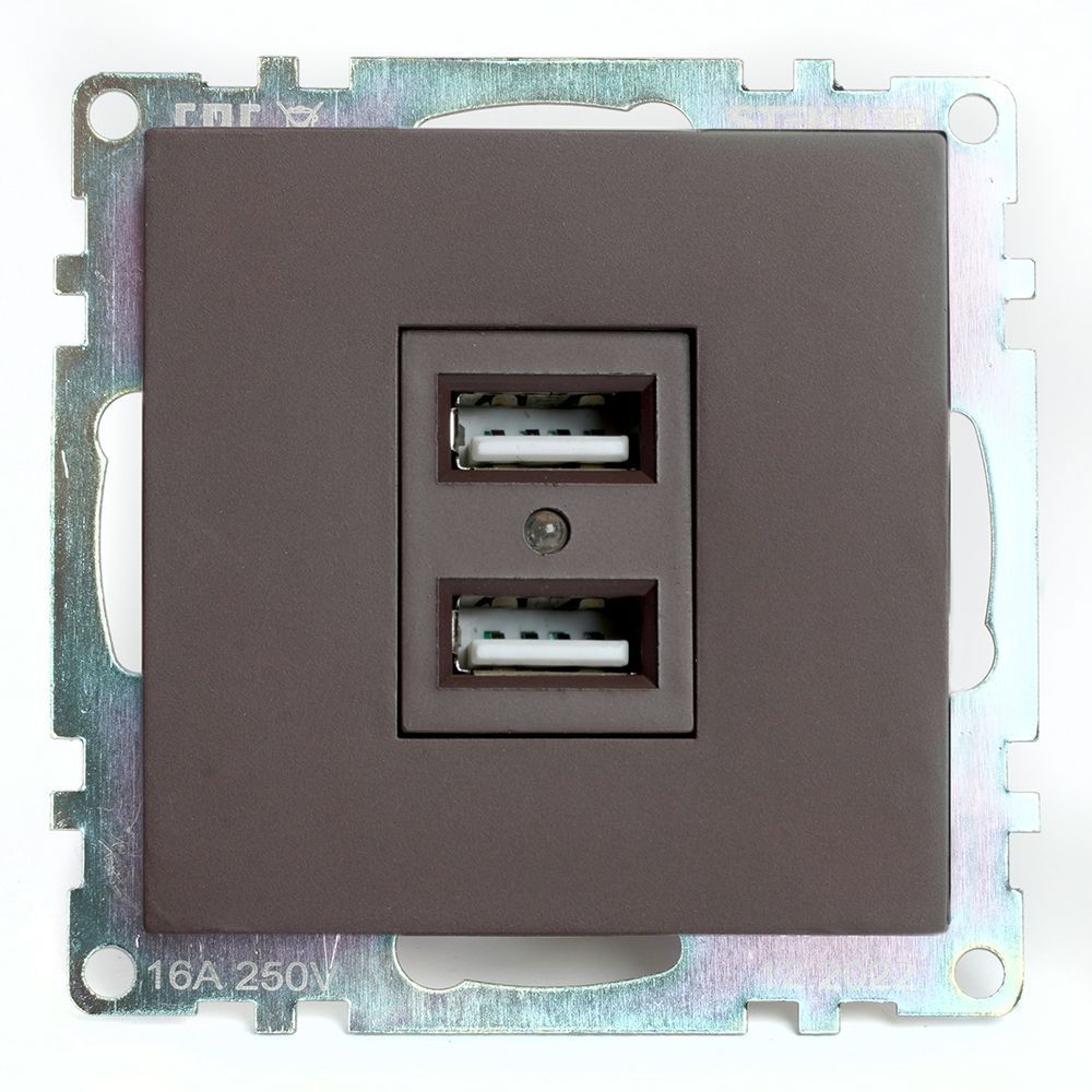 Розетка USB двухместная GLS10-7115-04, 250B, 2,1А, серия Катрин, шоколад (без рамки), STEKKER 49027