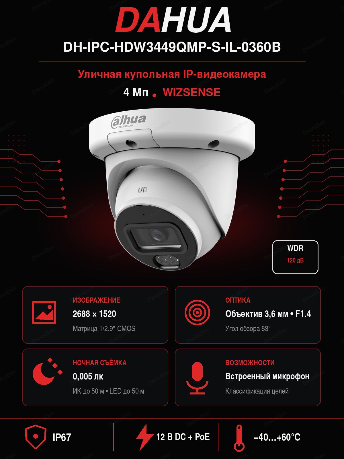 Dahua DH-IPC-HDW3449QMP-S-IL-0360B - 4 Мп купольная IP-камера, классификация людей и транспорта