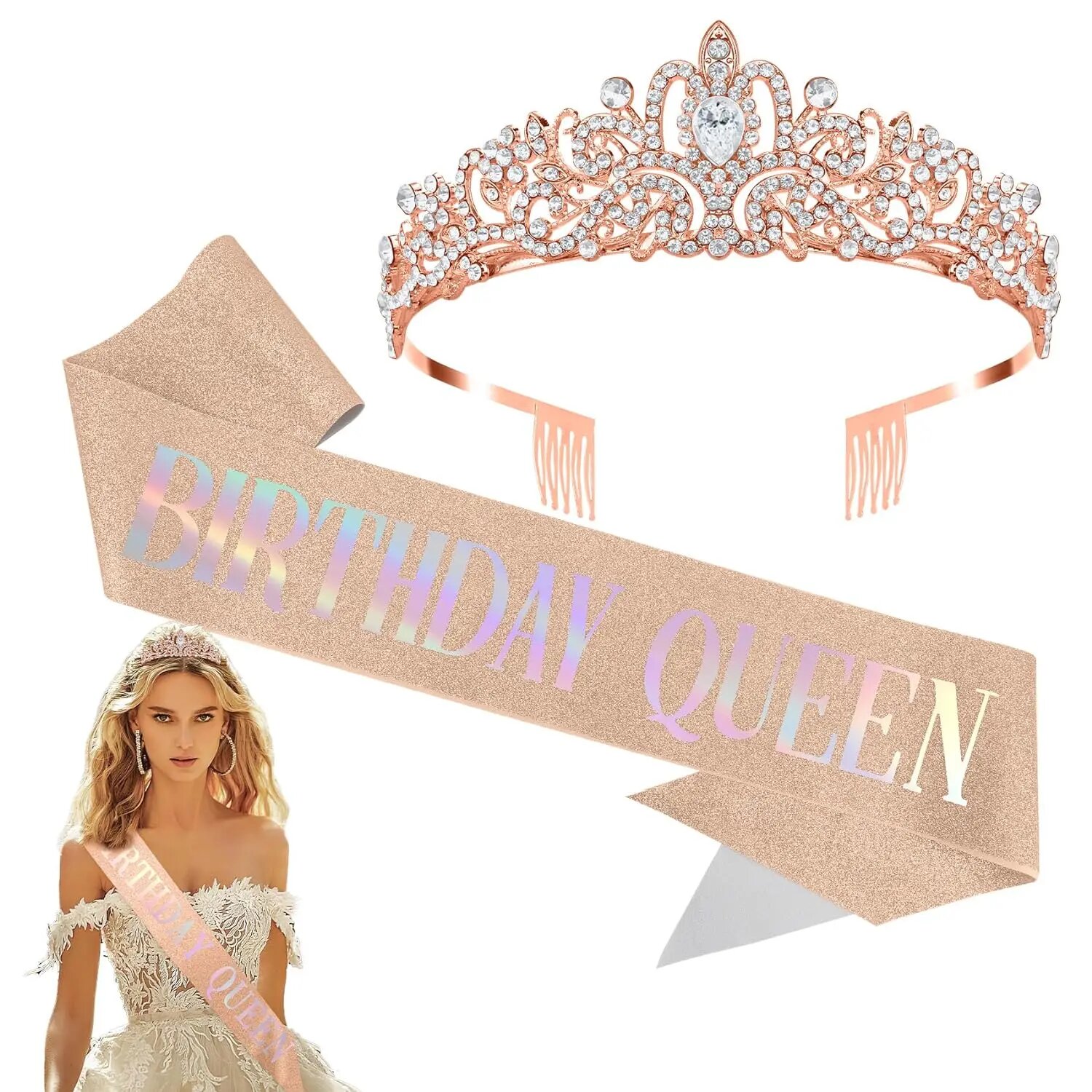 Корона и пояс "Birthday Queen" rose-gold-silver