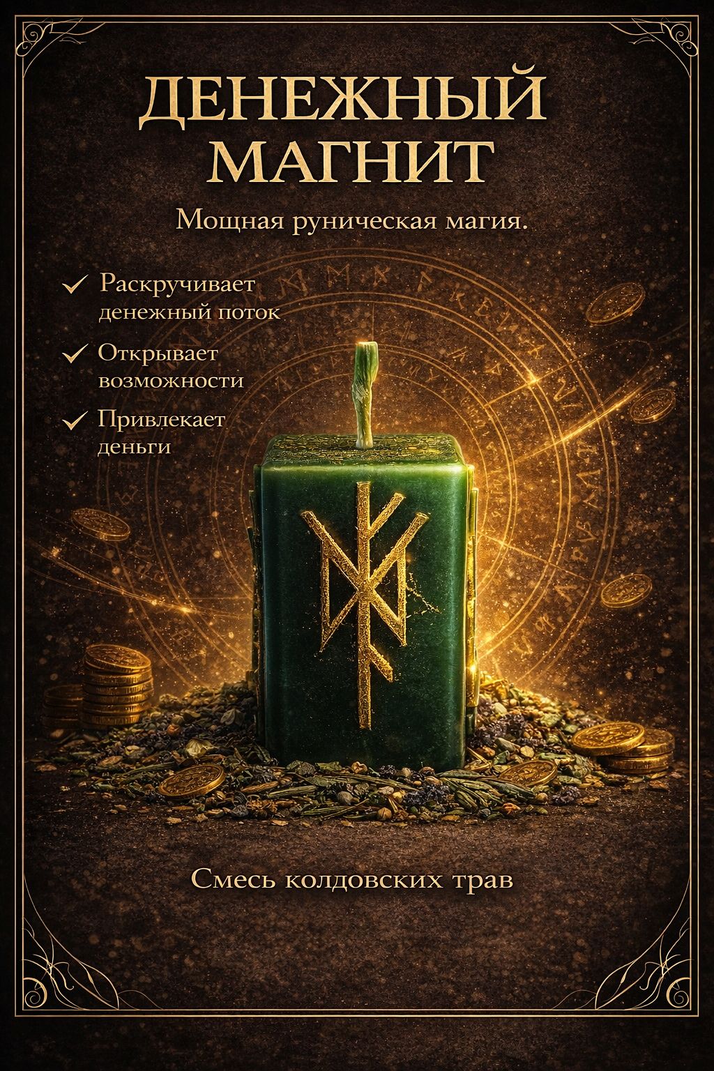 Руническая программная свеча с травами Денежный Магнит