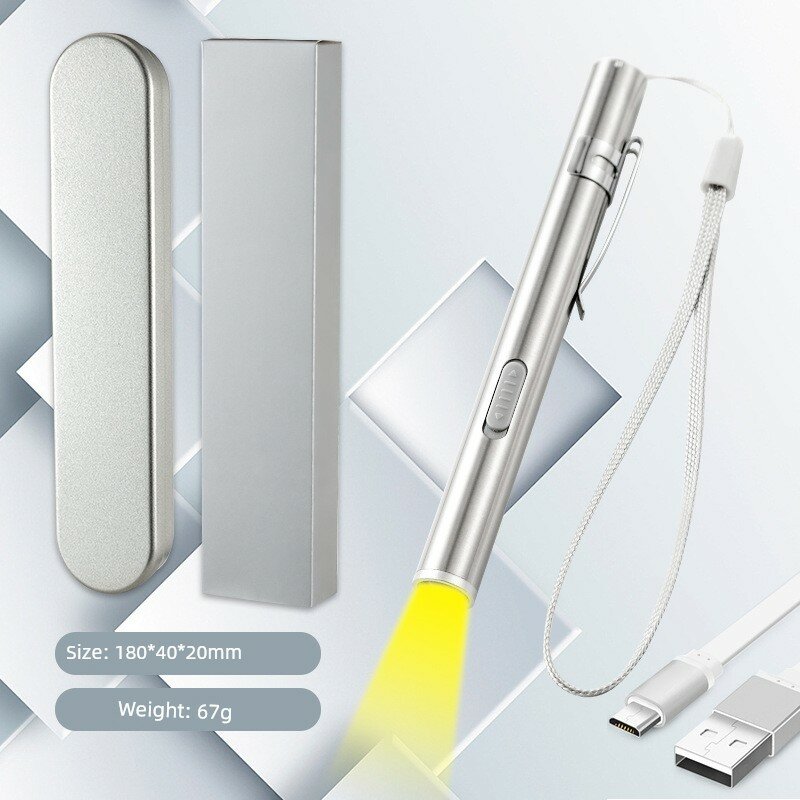 USB перезаряжаемый мини фонарик-ручка с кабелем, теплый свет, портативный инструмент для осмотра, жестяная коробка