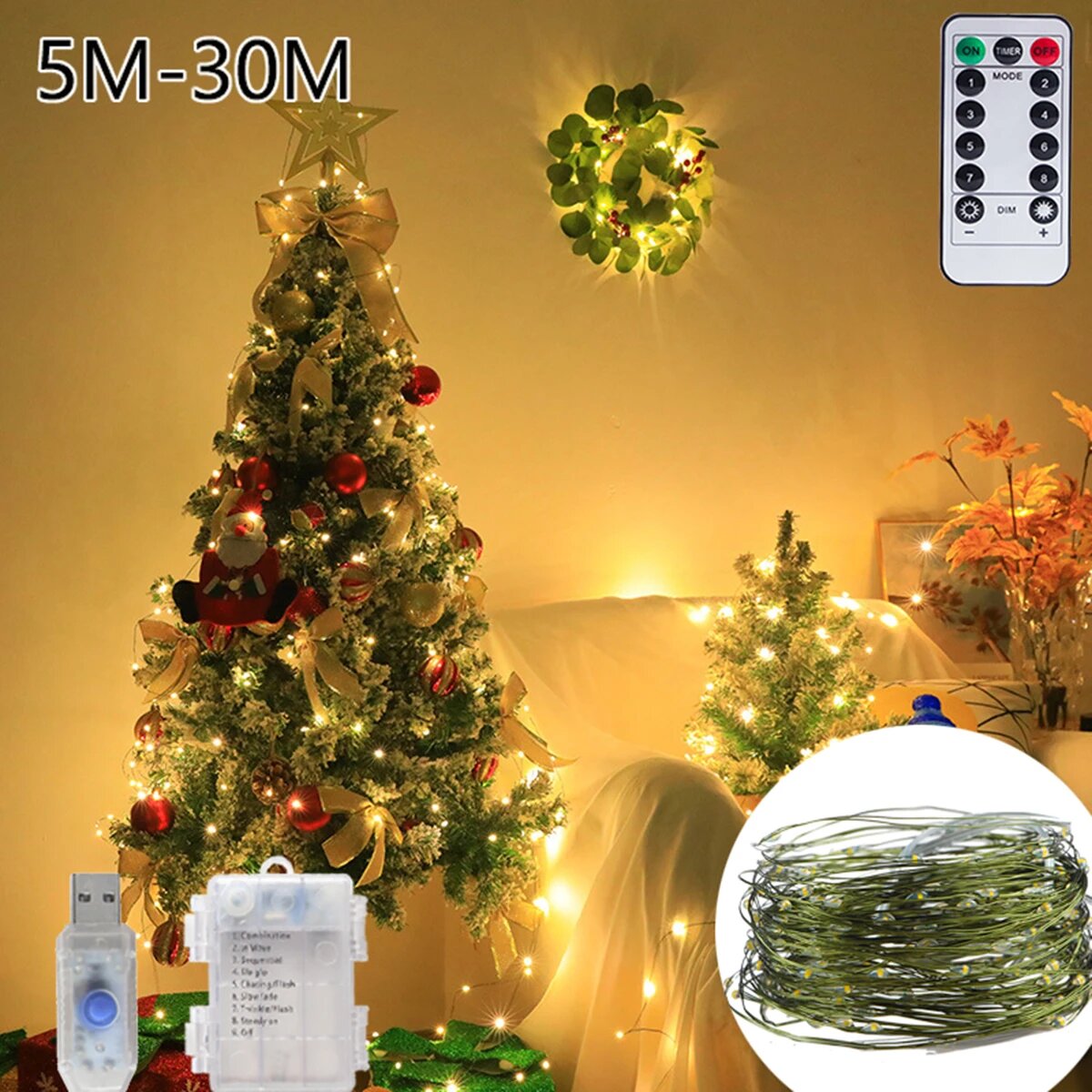 Светодиодные гирлянды KIKIELF, теплый белый свет, 5-30 метров Cool White, USB power, 20M 200LED