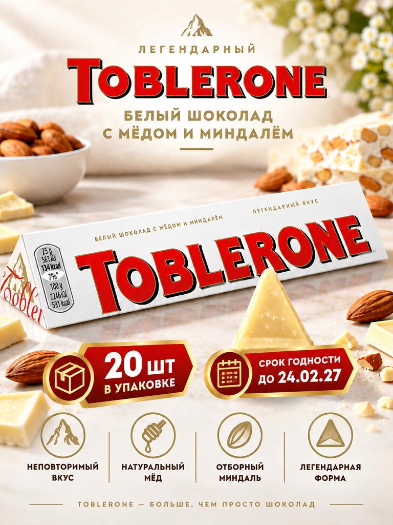 Молочный шоколад Tobleron White Chocolate/ Тоблерон белый шоколад 20 шт по 100 гр