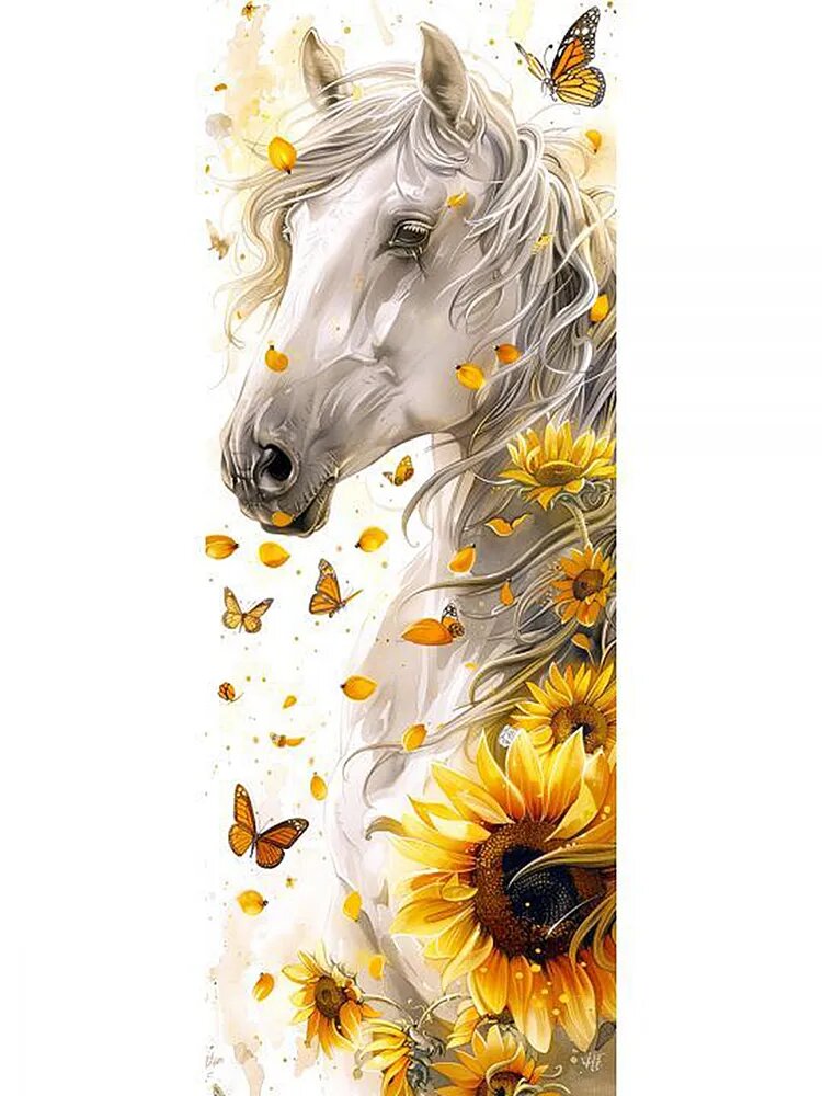 Алмазная мозаика / размер 50x150CM/Подсолнухи белого коня/алмазная вышивка/Подходит для украшения стен (без подрамника, без рамки)