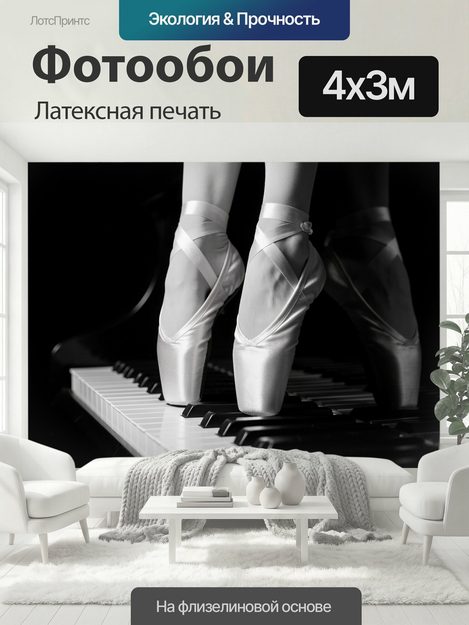 Фотообои моющиеся ударопрочные "Балетные пуанты на клавишах рояля. Чёрно-белая художественная сцена: атласные танцевальные туфли на музыкальном." 400x300 см. латексная печать