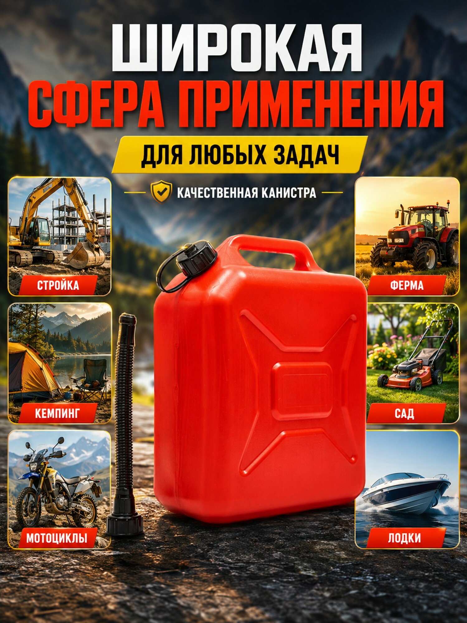 Канистра 20 л пластиковая для бензина и дизеля, герметичная, с гибким носиком и ручкой