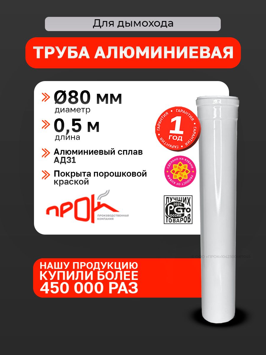 Труба одностенная алюминиевая для дымохода 0,5 м (метра) D 80 мм "Прок"