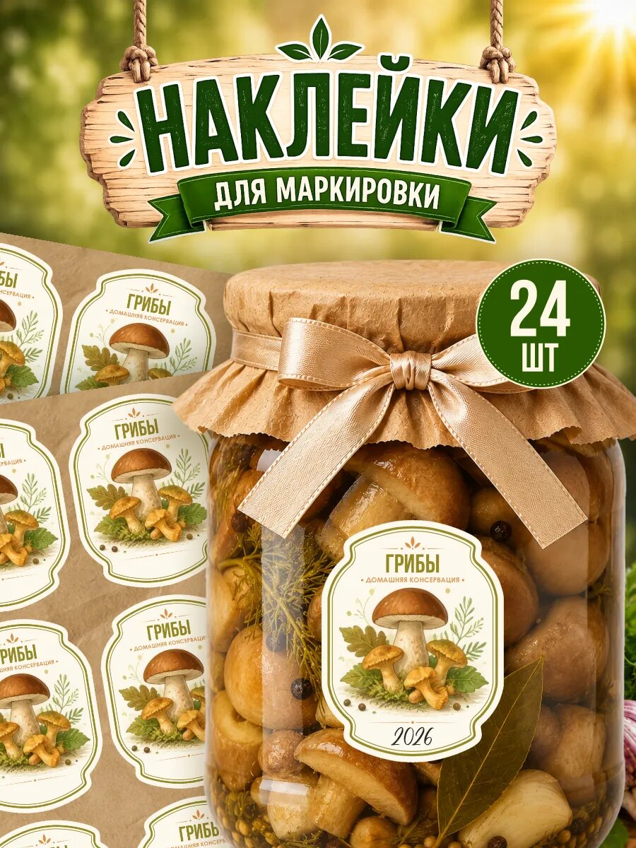 Наклейки на банки с заготовками 24 шт грибы