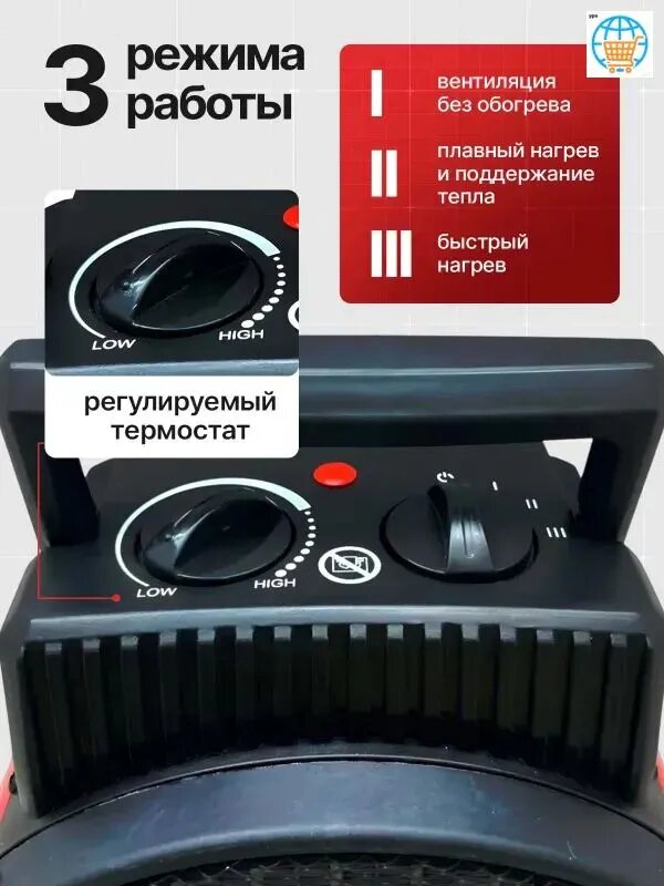Тепловая пушка электрическая Обогреватель 3000 Вт, 30 кв. м, защита от перегрева, красный, черный, напольная, настольная — фото 1