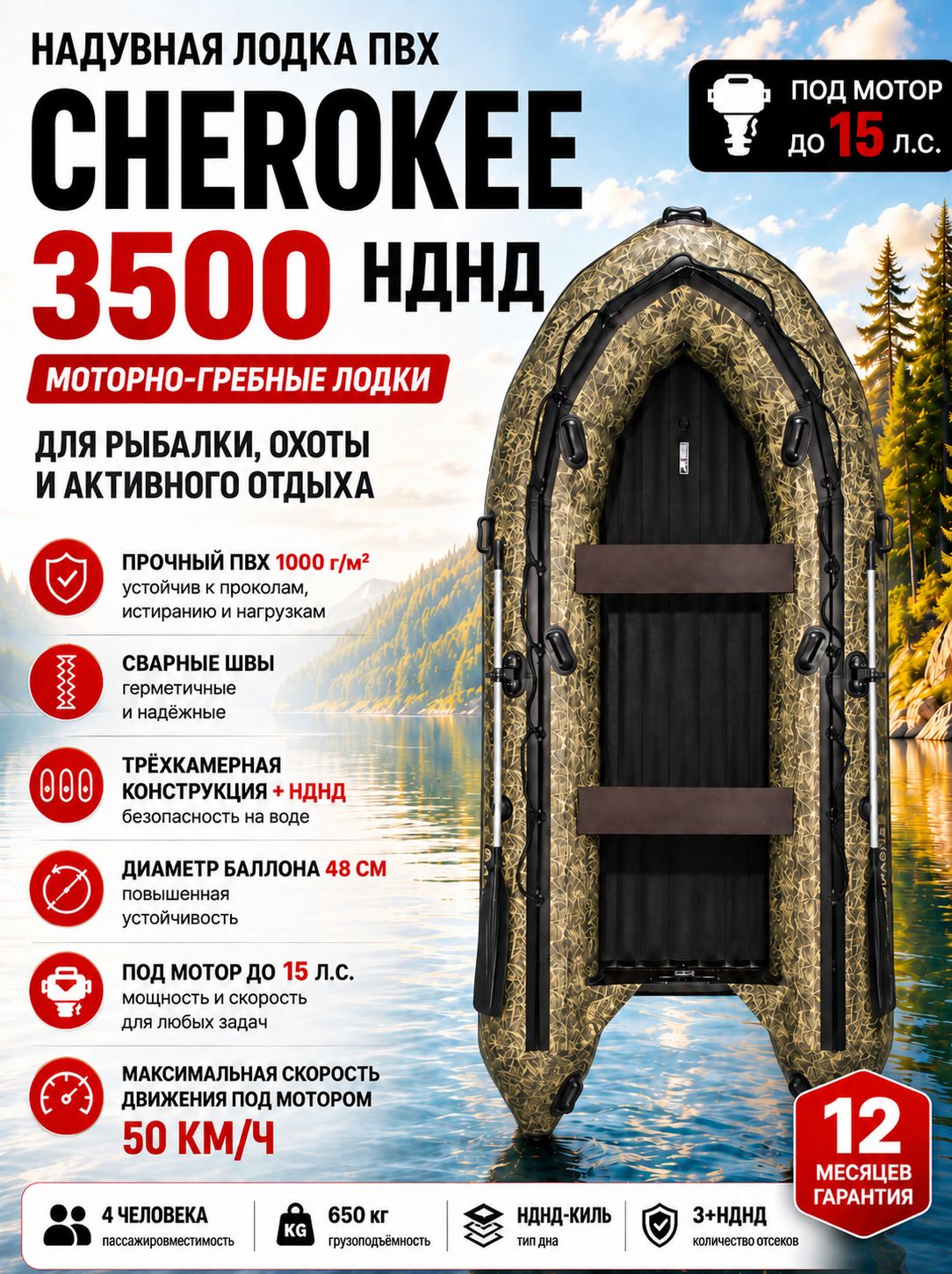 Лодка ПВХ под мотор CHEROKEE 3500 НДНД камуфляж, лодка надувная для рыбалки
