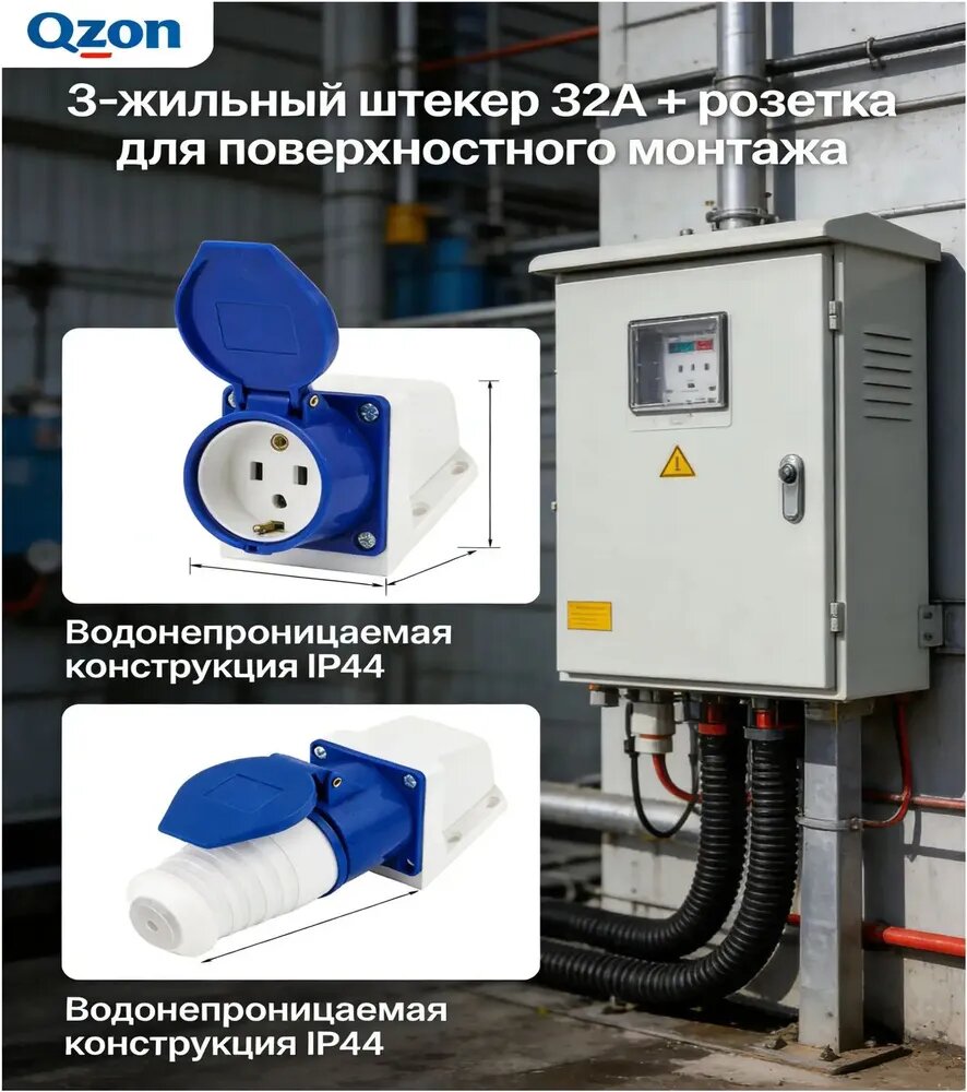 Розетка с вилкой для бензогенератора ; 3-жильный штекер 32a + розетка для поверхностного монтажа