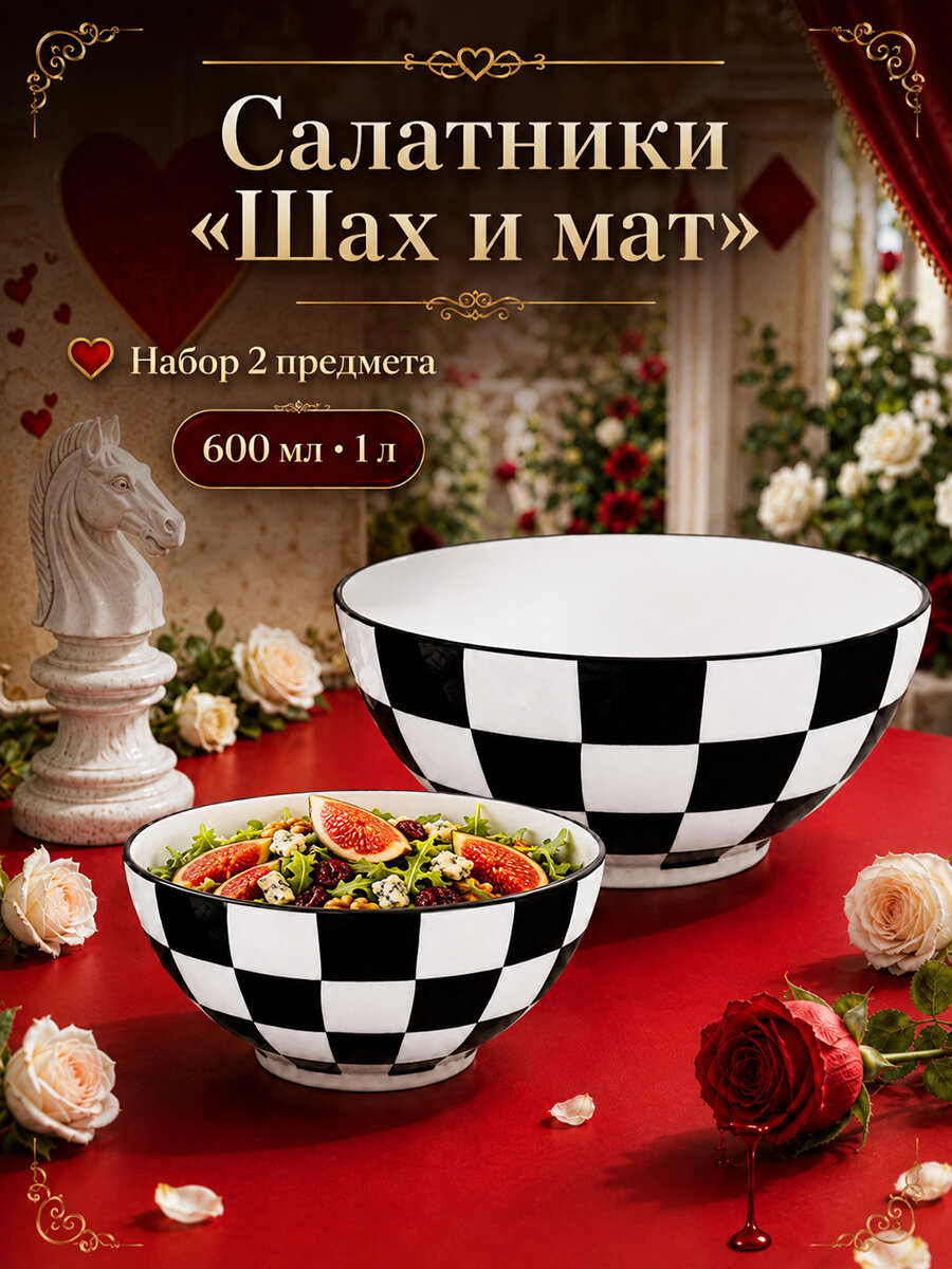 Салатник 2 предмета Elan Gallery "Шах и мат", фарфор, 1 л (18х18х8 см) + 600 мл (15,5х15,5х7 см), набор