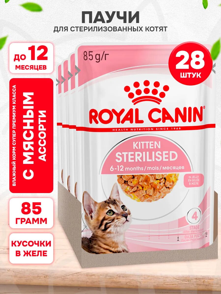Корм влажный Royal Canin Kitten Sterilised для кастрированных и стерилизованных котят в желе пауч, 85 г х 28 шт