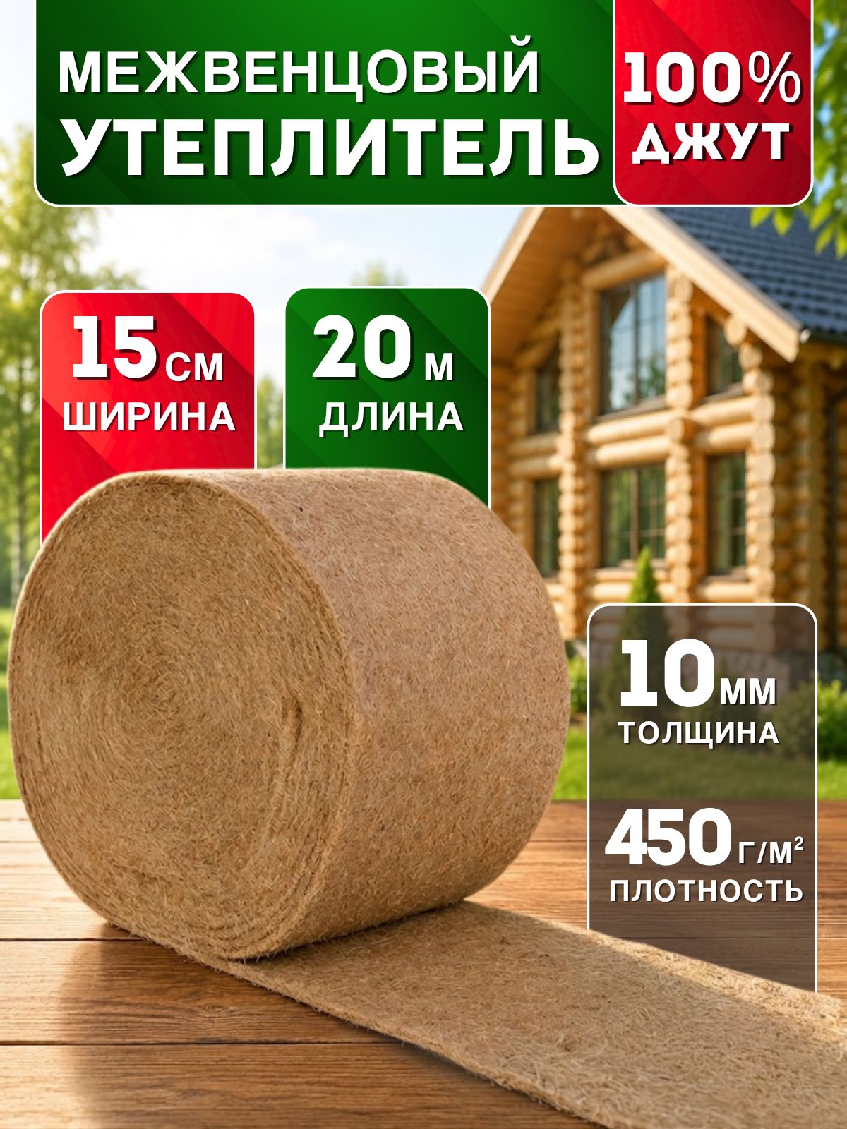 Джут утеплитель межвенцовый 150 мм толщина 10 мм длина 20м для сруба, бревна, бруса. Утеплитель строительный джут лента в рулоне для стен пл. 450гр.