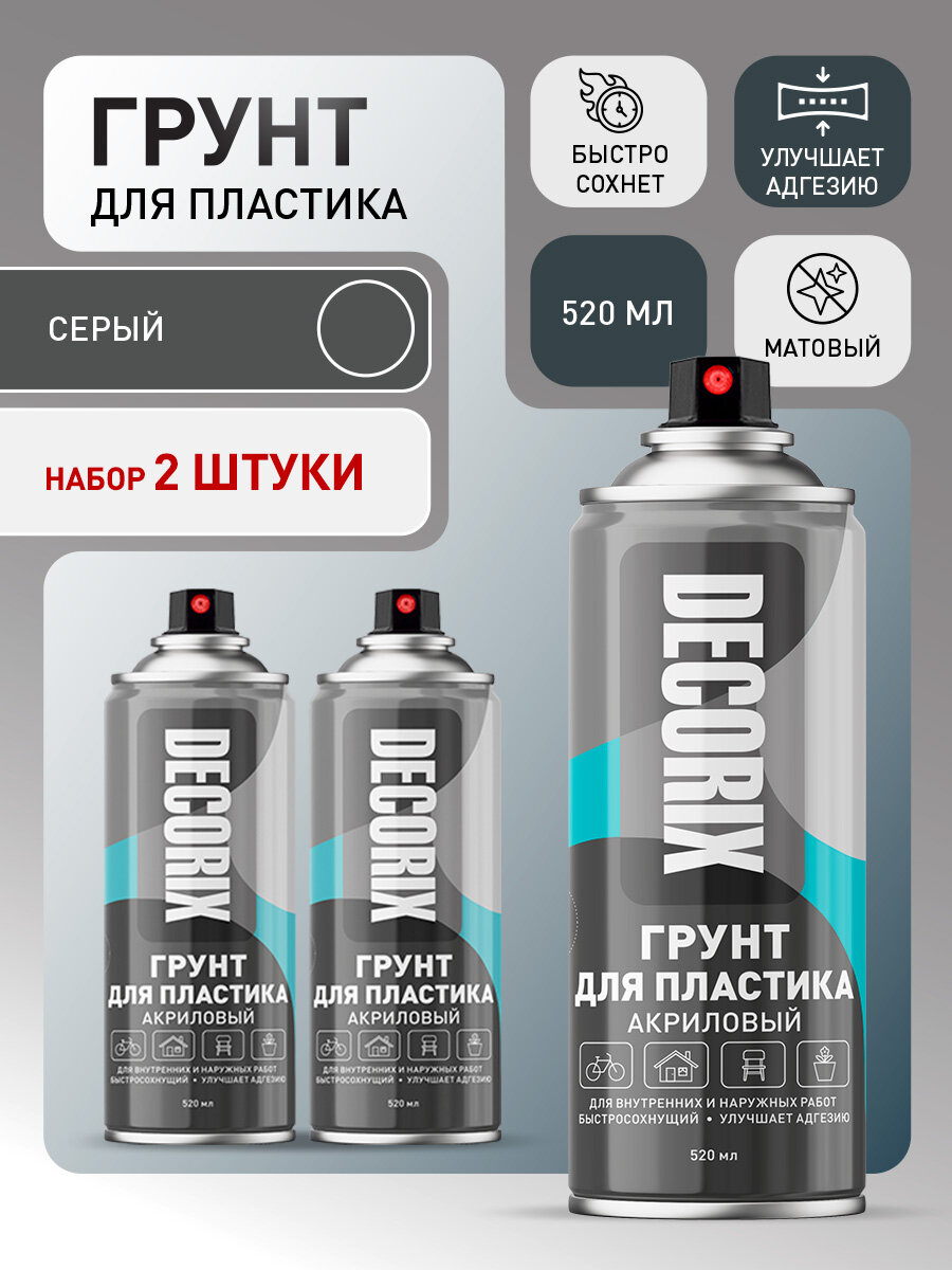 Грунт для пластика аэрозольный серый матовый DECORIX - грунтовка для пластика в баллончике 520 мл - комплект 2 шт