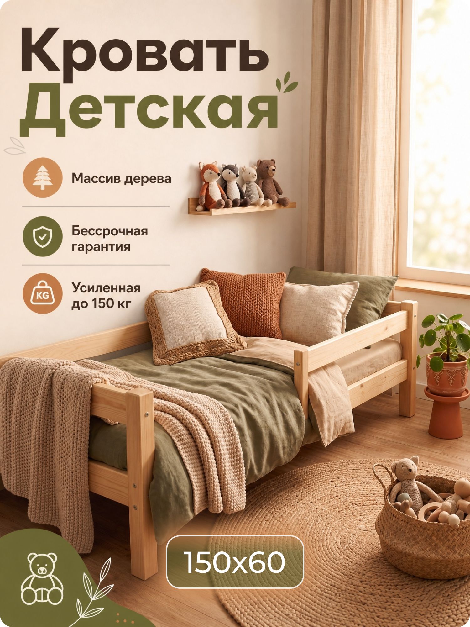 Детская кровать 150х60 с бортиками из массива сосны, деревянная, ортопедическое основание, безопасная