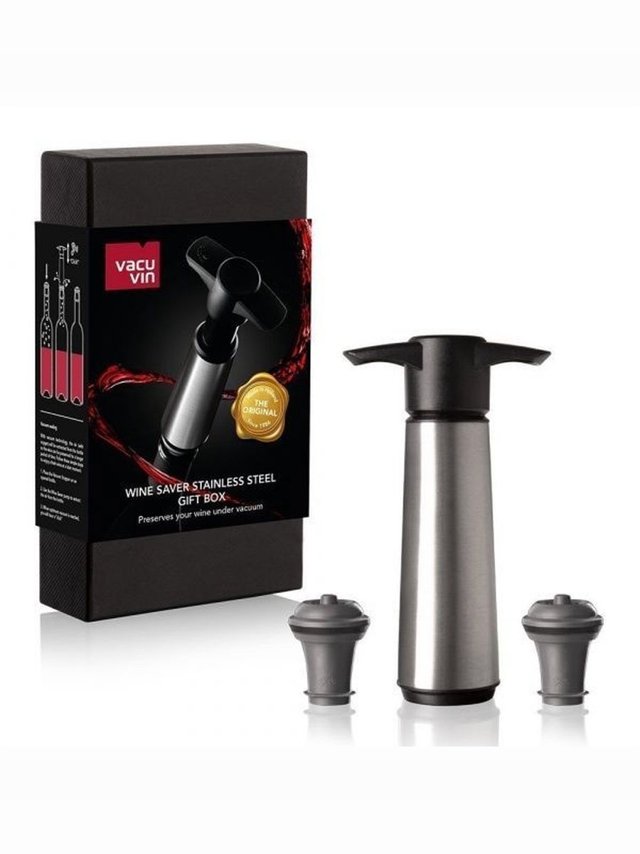 Vacu Vin Вакуумный насос и 2 винные пробки в коробке, набор подарочный барный Stainless Steel