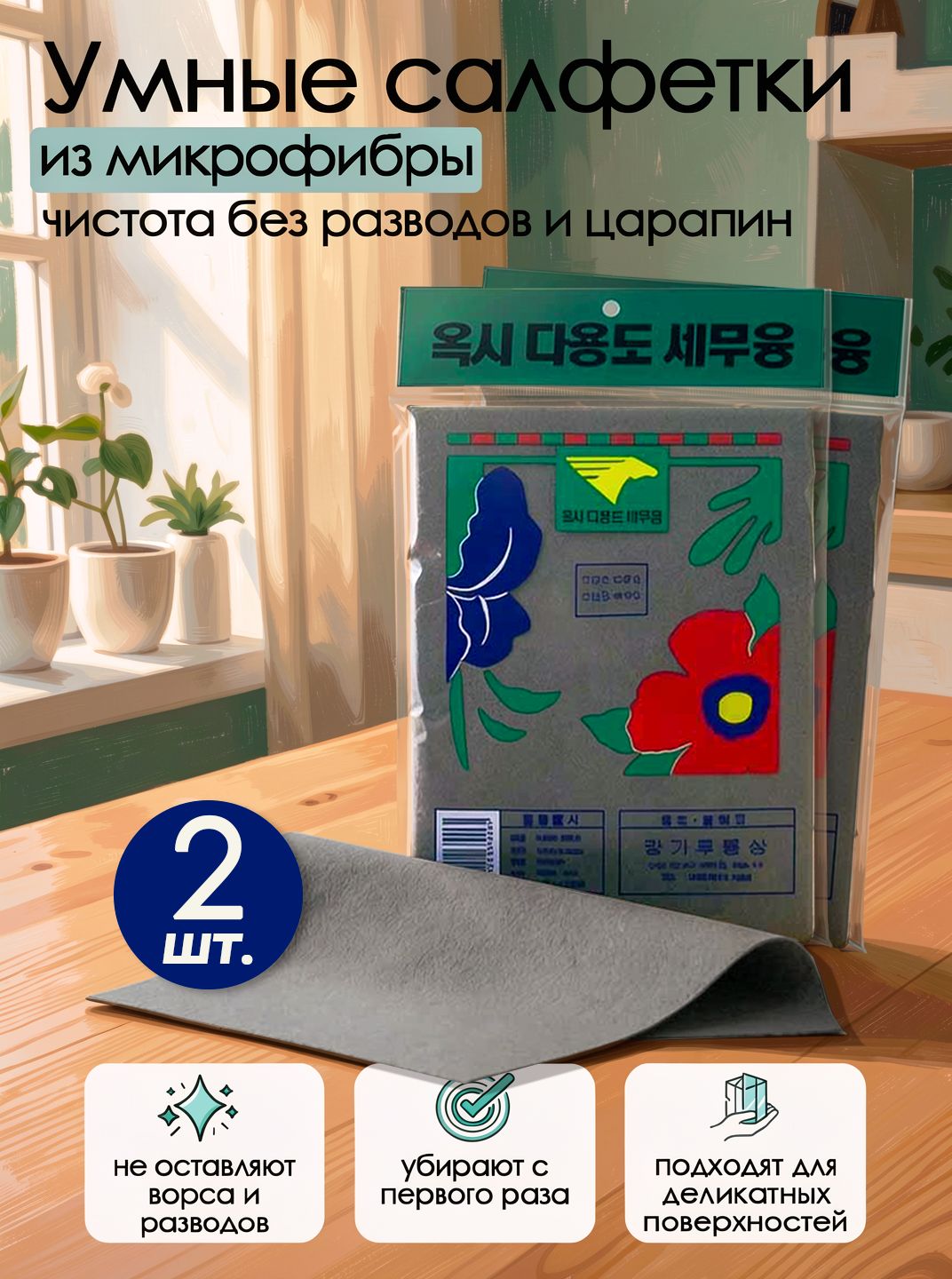Умные Корейские салфетки для уборки из микрофибры, тряпки для уборки, 30*40 см, 2 шт.