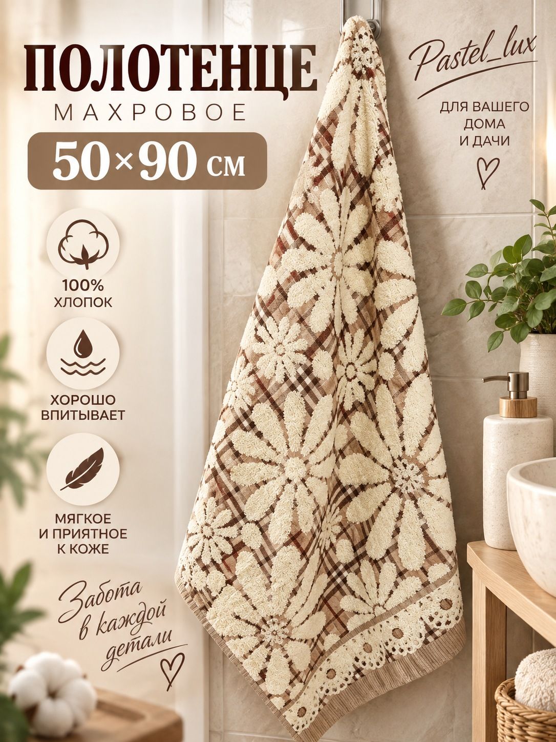 Полотенце 50х90 см, хлопок, Pastel_lux махровое ромашки, банное для ванной для лица и рук впитывающее для дома и дачи