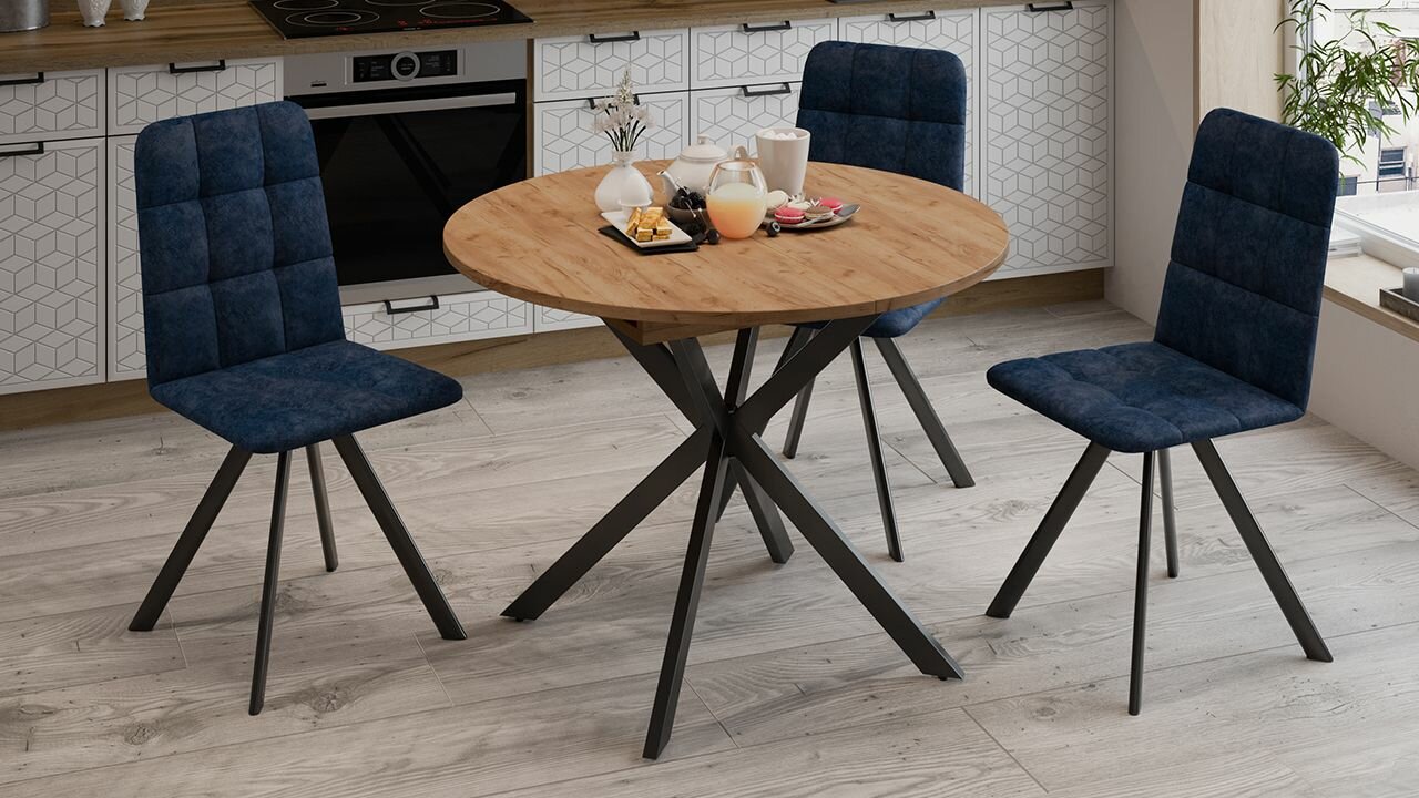 Стол кухонный обеденный круглый раздвижной Дуб Крафт Золотой/Чёрный Муар, Мэдисон, 100,1х100х75 см