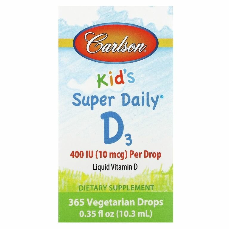 Carlson, Kid's Super Daily D3, витамин Д3 для детей, 400 МЕ, 365 капель, 10.3 мл