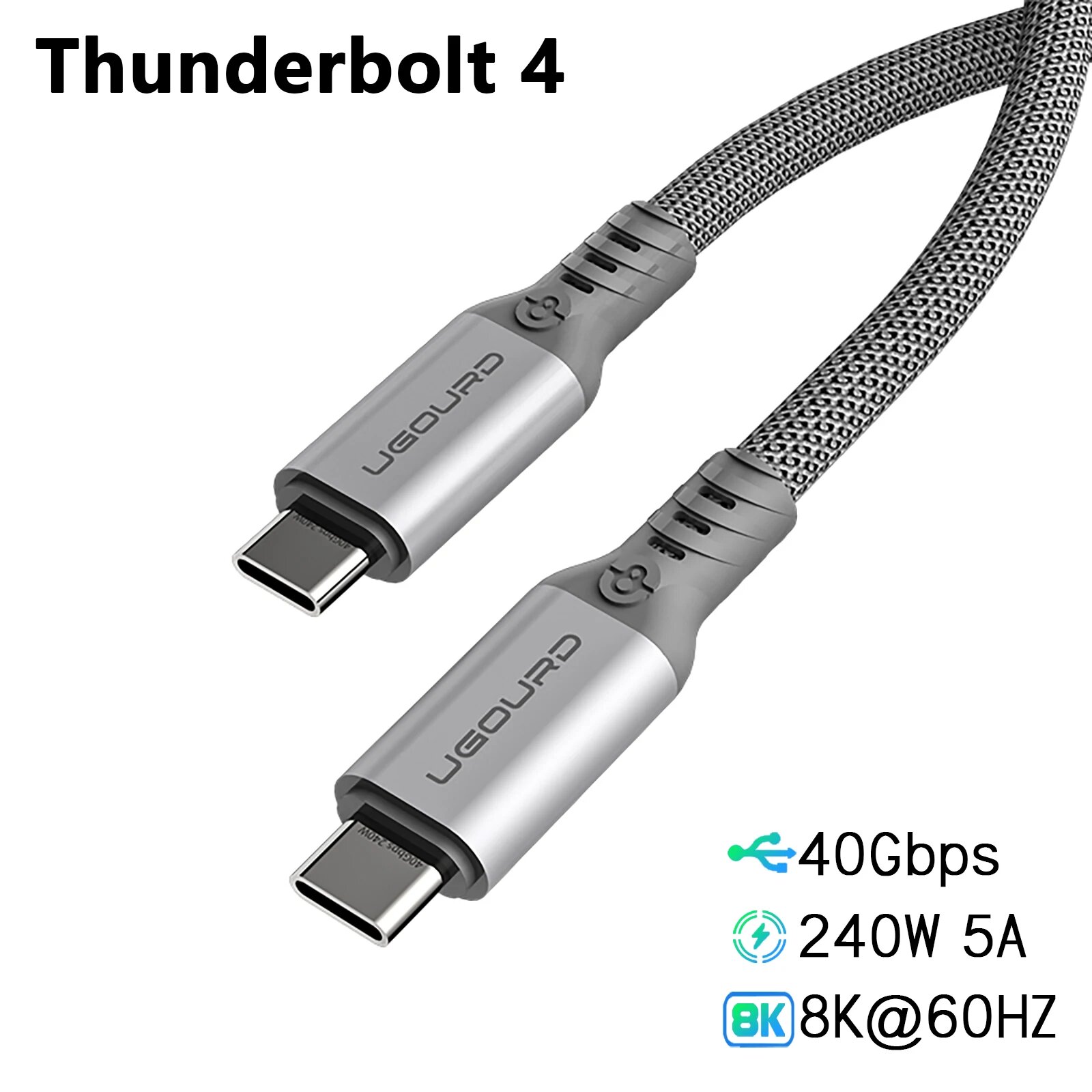 UGOURD Thunderbolt 4 USB4 Кабель 40 Гбит/с Thunderbolt3 0,2 м - 2 м Тип C Кабель для быстрого зарядного устройства 240 Вт Передача данных USB C Для ноутбука SSD Grey 40G 240W 8K, 0.3 m